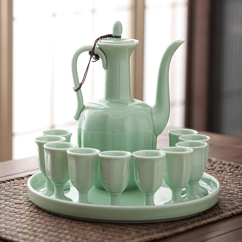 Керамический подогреваемый винный кувшин и набор для вина, домашняя чашка для напитков в китайском стиле из селадона, диспенсер для вина, чашка для саке и желтого вина.