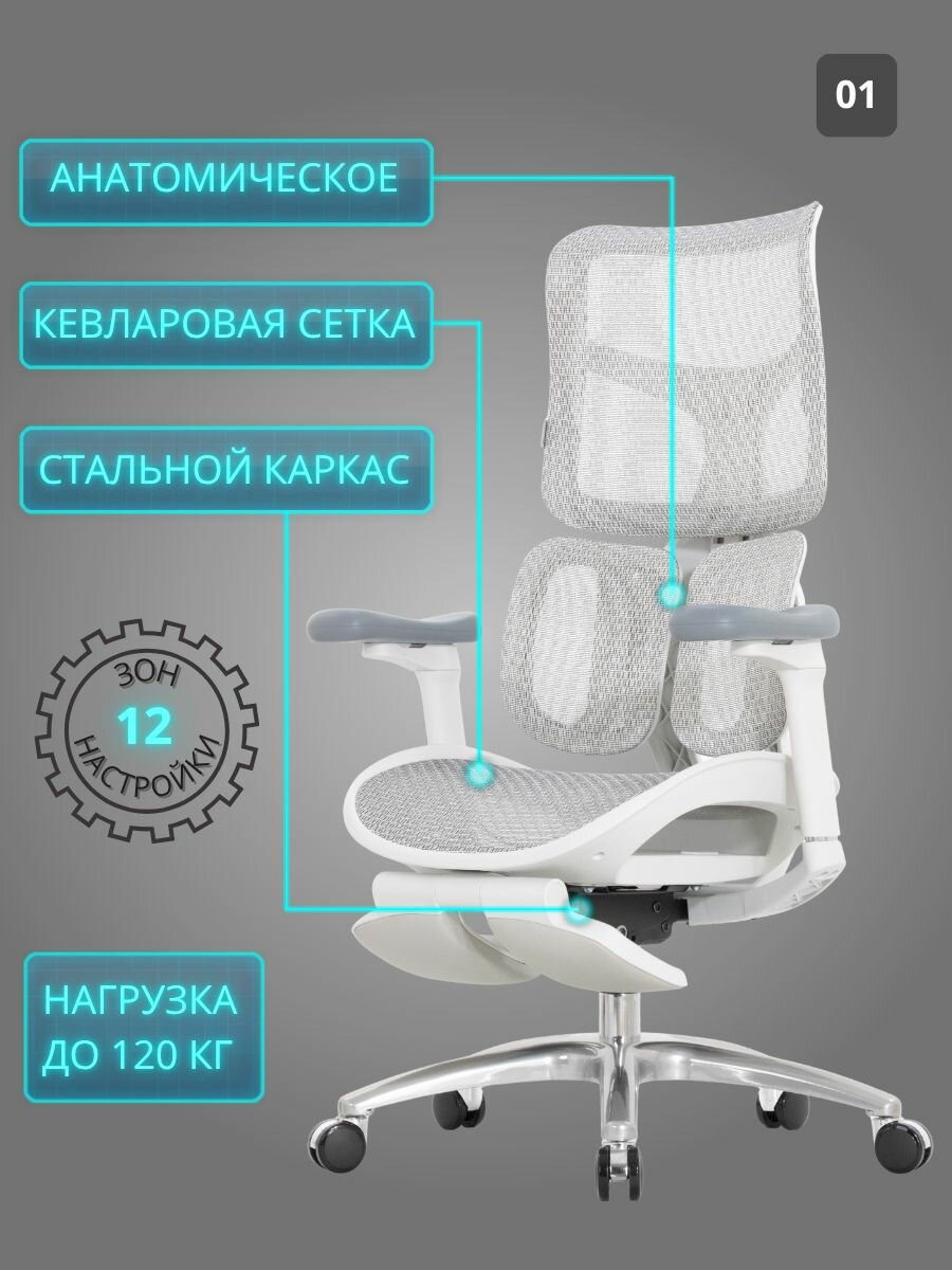 Кресло компьютерное офисное SIHOO Doro S100 серое, с подножкой для ног, ортопедическое для руководителя, игровое, на колесиках, эргономичное анатомическое, арт. S100C-B103-JT-GREY