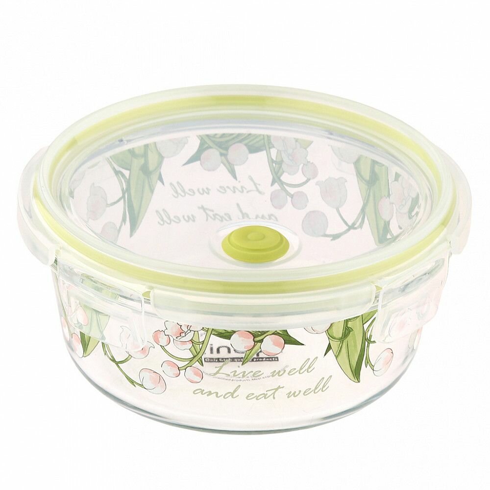 Контейнер стеклянный "Ландыши" 600мл, д14,7см h6см, боросиликатное стекло, с деколью, круглый, пластмассовая крышка с пароотводом, герметичная, с клипсами, с силиконовым уплотнителем
