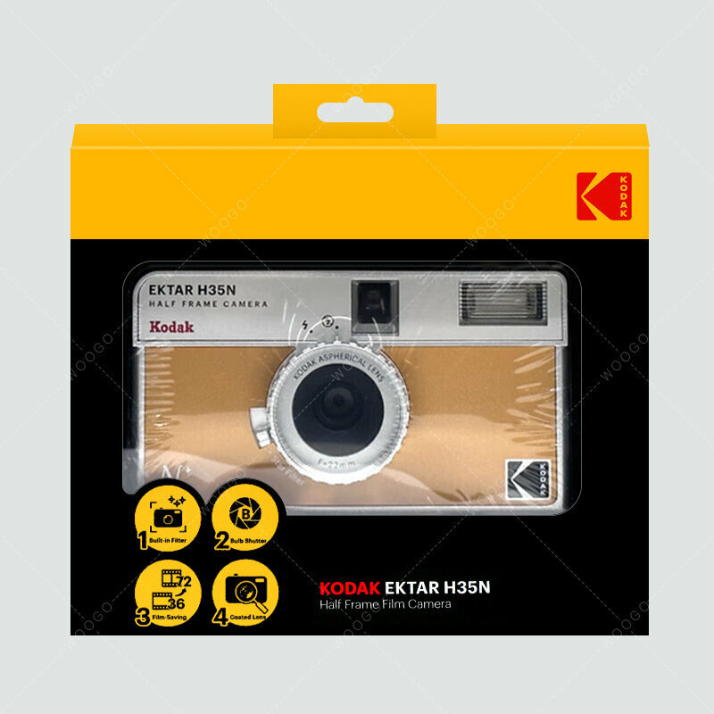 Фотоаппарат Kodak H35N Vibrant Orange в ретро-стиле с функцией «наведи-сними», полукадровой системой, многоразовой пленкой и вспышкой.