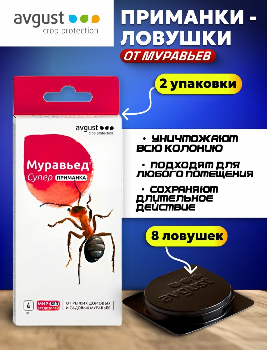 Приманка - ловушка от муравьев Avgust Муравьед Супер, 2 упаковка (8 ловушек 1,5гр)