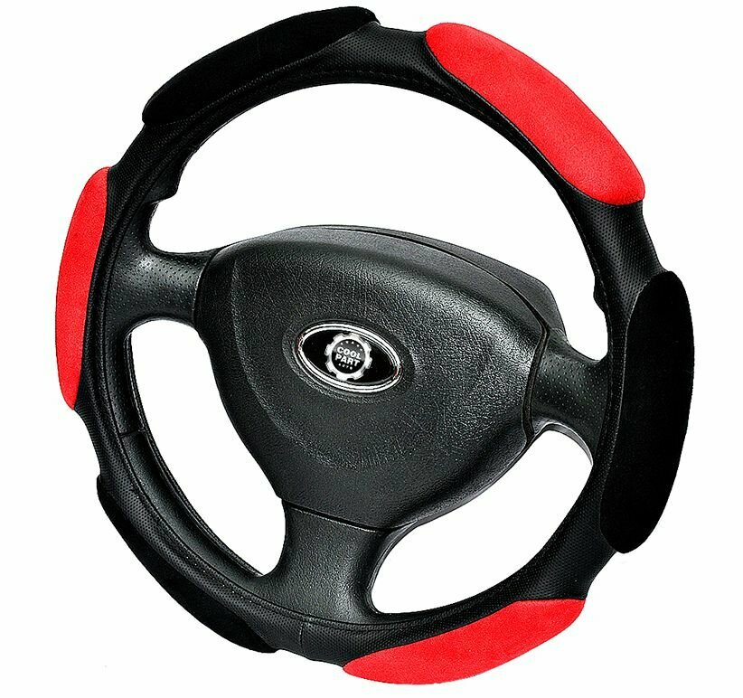 Оплетка на руль для автомобиля Geely Emgrand EC7, MK, Emgrand X7, GC6, CK / Джили МК Кросс и др, в черном цвете с краснысными встаками, Экокожа/Замша