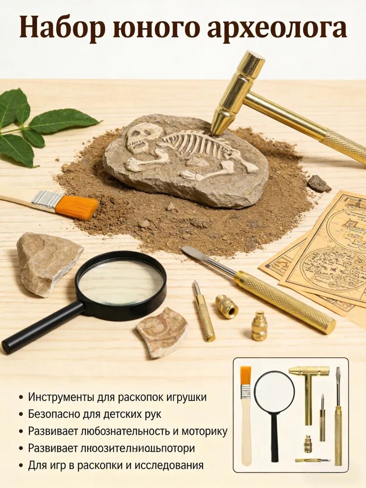 Инструменты юного археолога включают прочный молоток, точную лупу и удобную щетку, упаковка 1