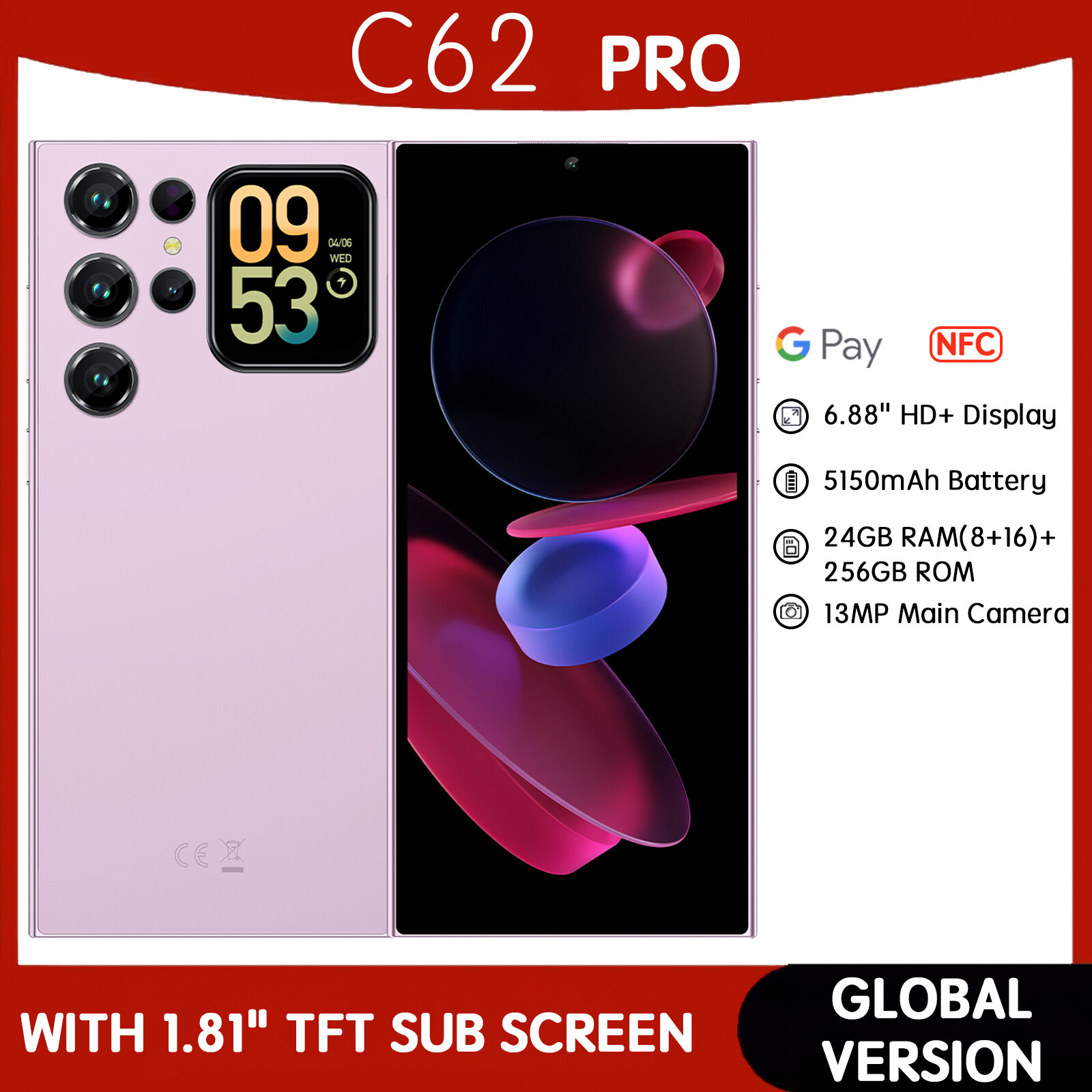Смартфон Android 15, 6.88" HD+, Unisoc T615, 24ГБ (8+16)+256ГБ, 5150мАч, NFC