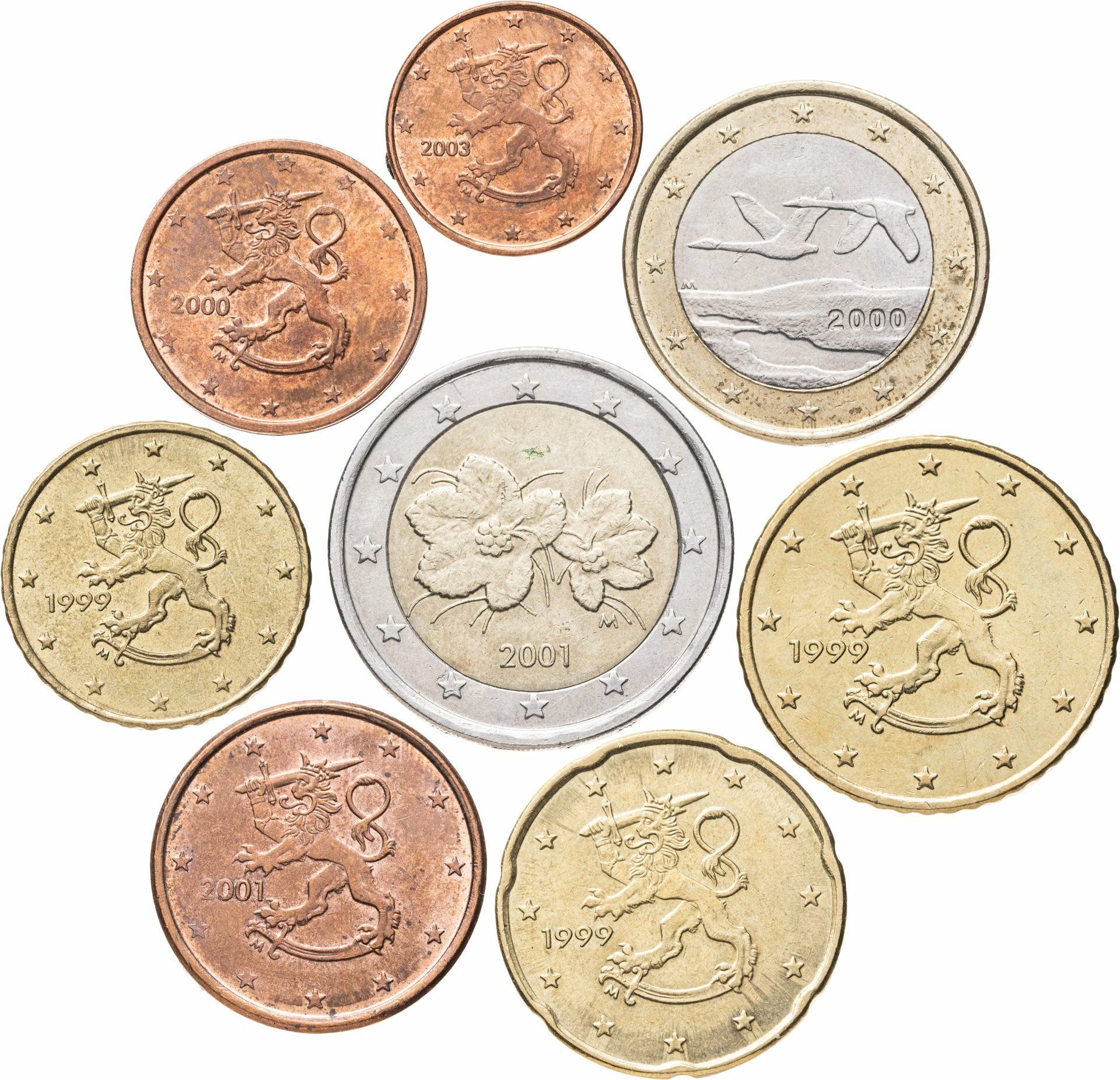 Финляндия набор из 8 монет 1999-2003, Биметалл, в сохранности XF-AU