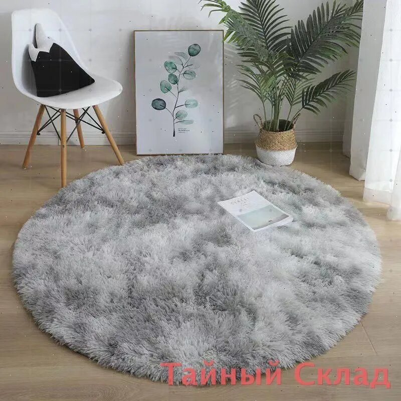 Коврик прикроватный 100x100 см серый пушистый круглый для спальни и гостиной