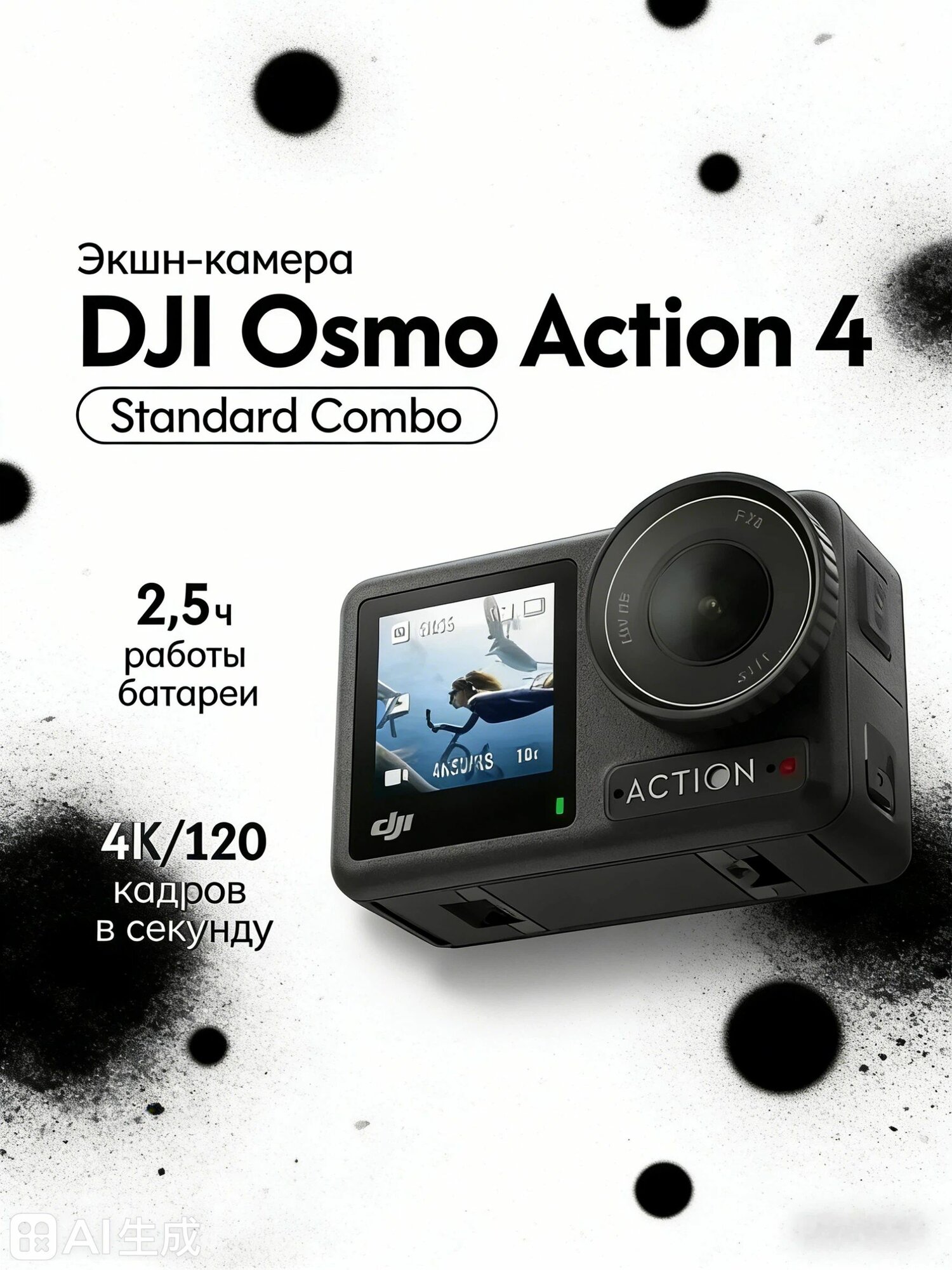 Экшн-камера Osmo Action4 с комбинированным креплением, черная