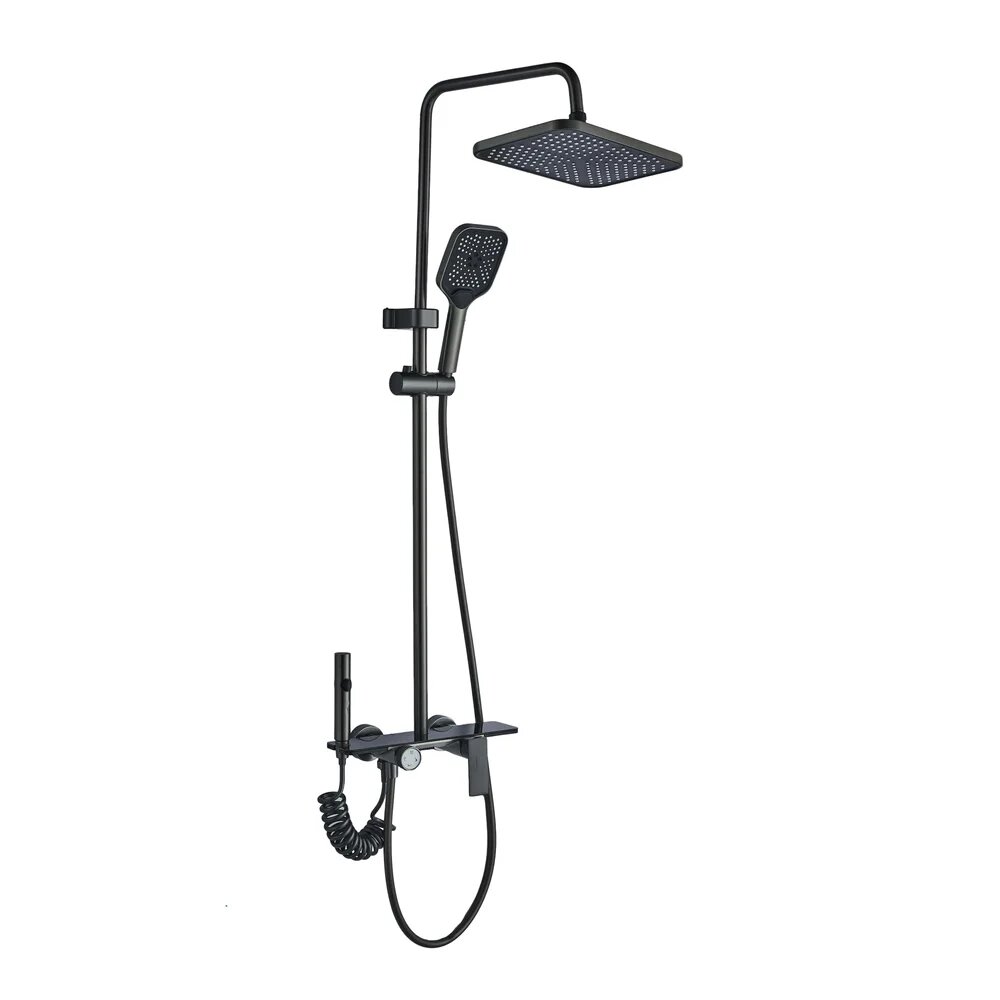 Душевая стойка Ceruttispa 11357 со смесителем, черная, серая, матовая, душевая система с тропическим душем, с изливом, с девиатором, с лейкой, рычаг сбоку