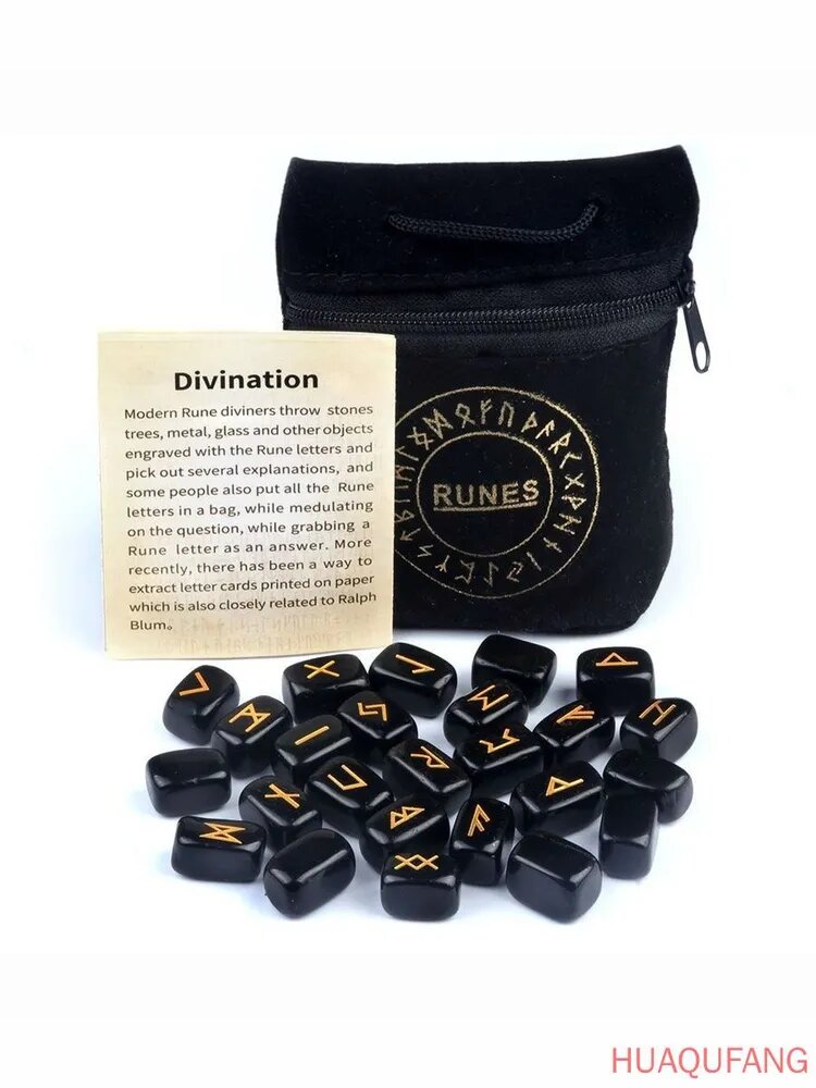 Руны скандинавские для гадания из Черного Обсидиана, Набор 25 шт из натурального камня с мешочком и инструкцией на русском. Старший Футарк