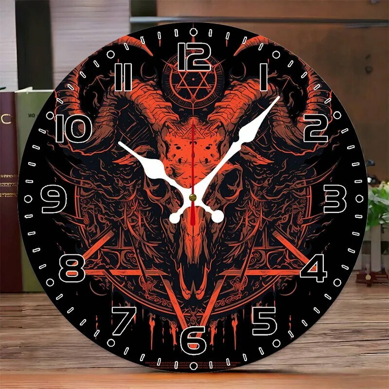 1 шт. Настенные часы в готическом стиле с рогатым черепом — 10-дюймовый большой круглый черный, красный/серый современный диз.