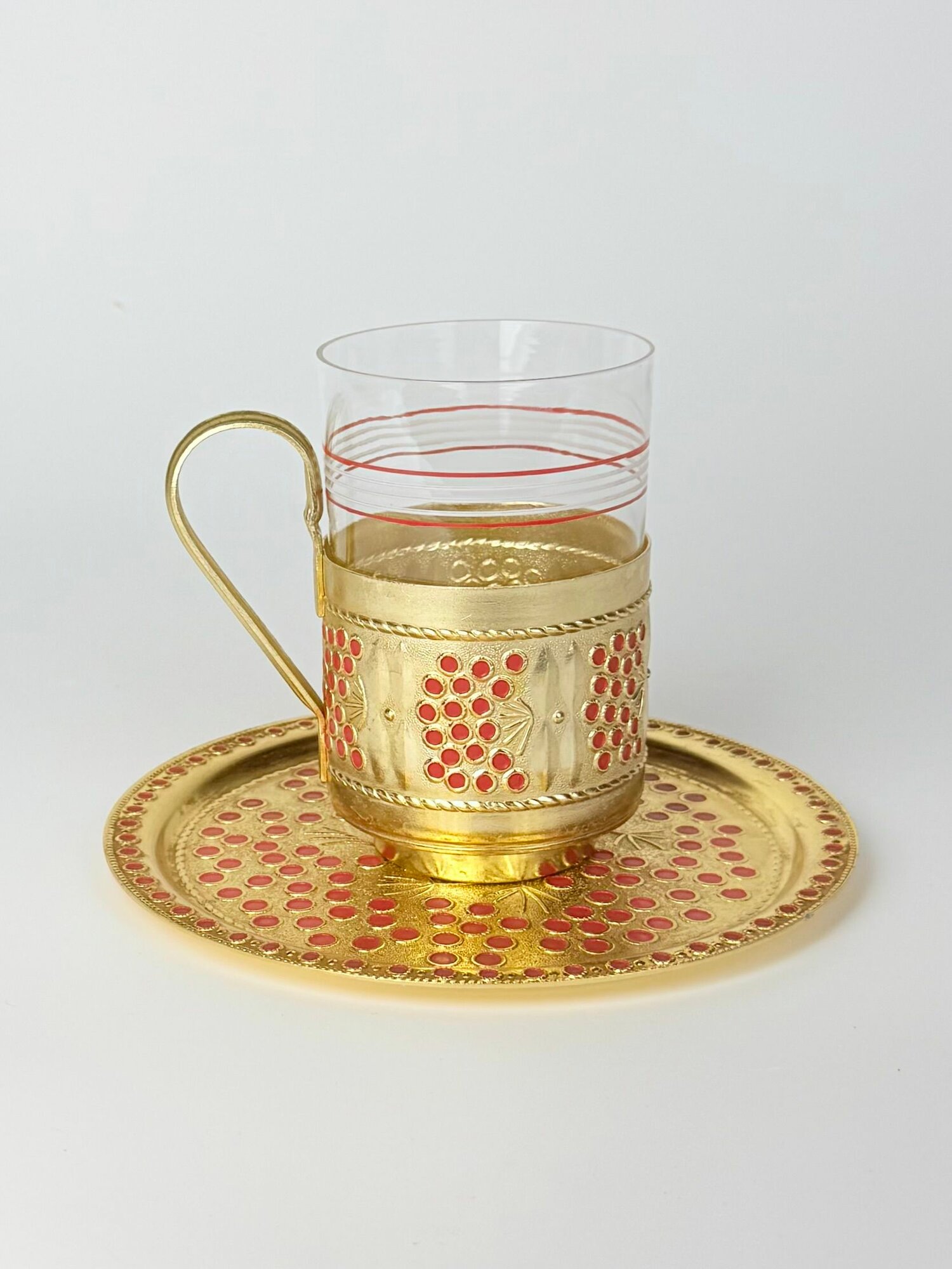 Винтажный подстаканник на блюдце рябина + стакан из тонкого стекла СССР