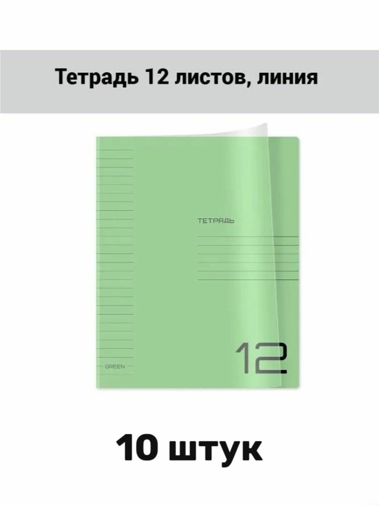 Тетрадь 12 листов линия BG UniTone. Green, пластиковая обложка, зеленый, 10 штук (Т5ск12_пл 12442 / 08906)