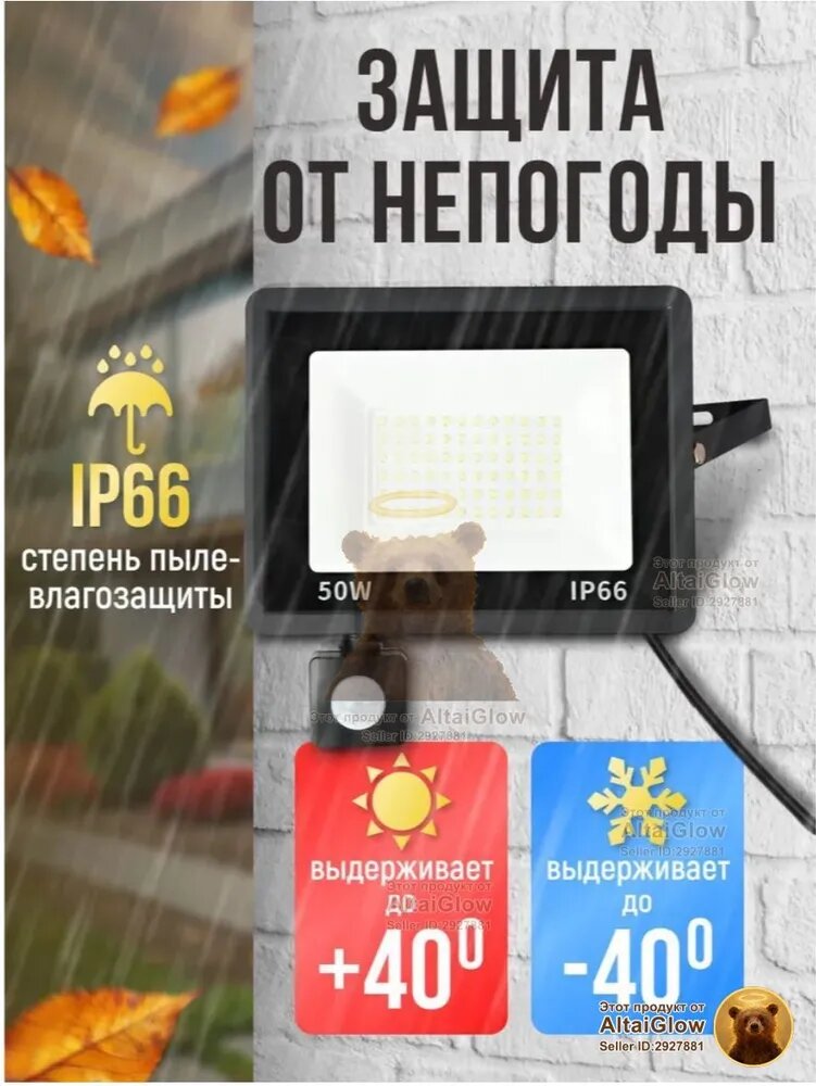 Уличный светодиодный прожектор 50 Вт с датчиком движения, степень влагозащиты IP66