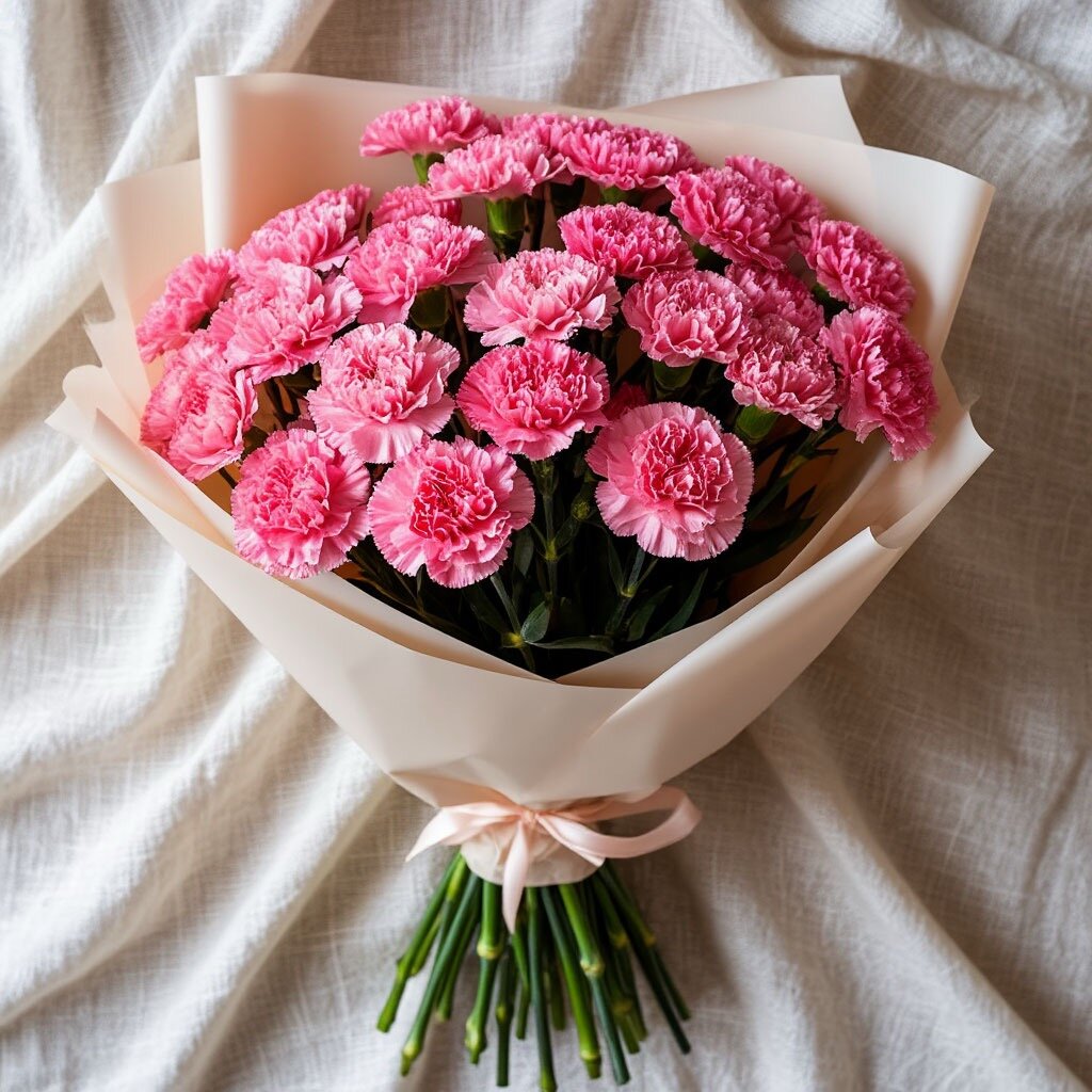 Букет из кустовой гвоздики, украшенные пергаментной бумагой и лентой.