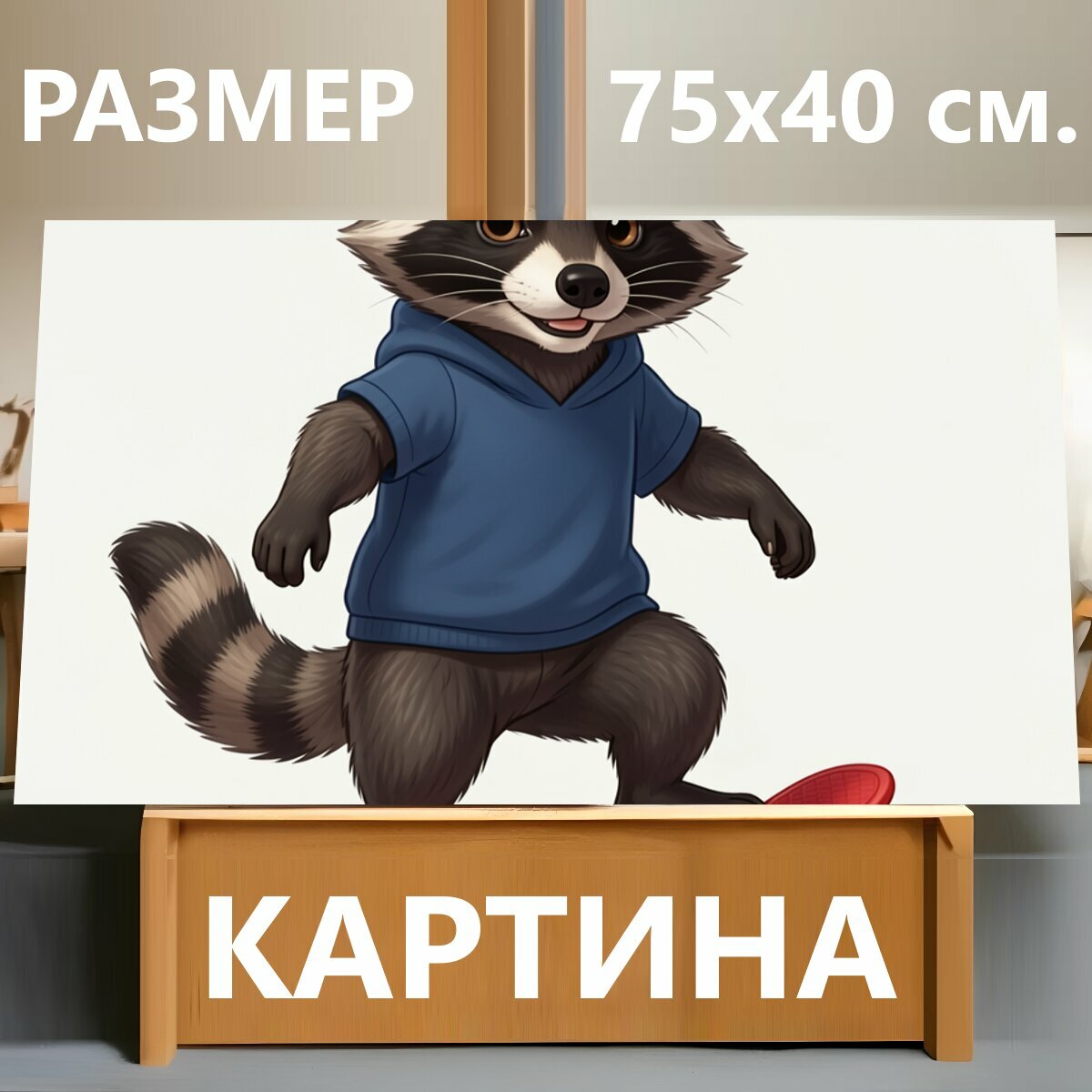 Картина на холсте "Енот на скейтборде в худи. Милый мультяшный зверёк в синей толстовке уверенно катается на красной доске. Изолированный." на подрамнике 75х40 см. для интерьера