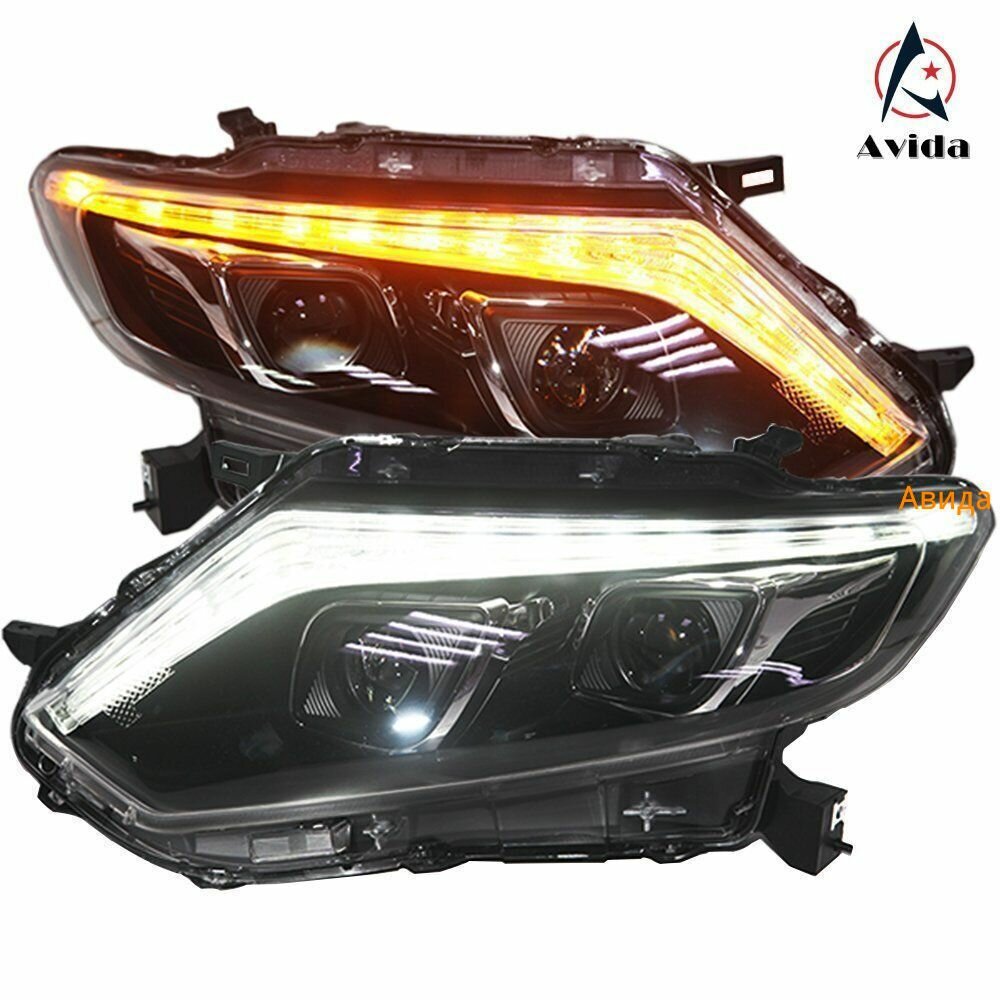 Комплект фар Nissan X-Trail 2014-2016 с двойной линзой, LED дневными ходовыми огнями и динамическими указателями поворота