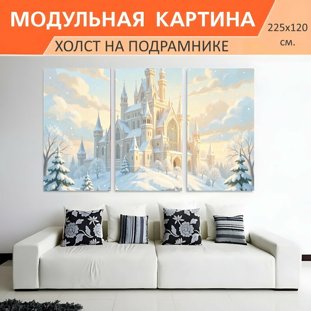 Модульная картина на холсте "Зимний замок в снегу. Сказочный готический собор среди заснеженных холмов, елей и инея, мягкий свет." триптих на подрамнике 225х120 см. для интерьера