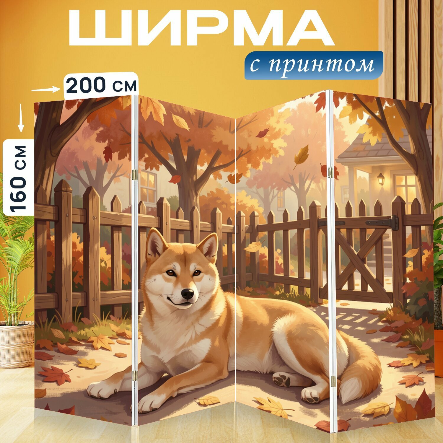 Ширма "Сиба-ину в осеннем дворе. Уютная цифровая иллюстрация: рыжий японский шпиц лежит у деревянного забора." перегородка для зонирования комнаты с принтом 200x160 см. на холсте