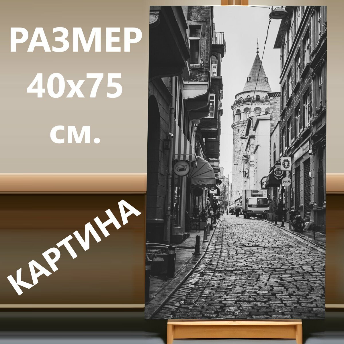 Картина на холсте "Улица, черное и белое, галатская башня" на подрамнике 75х40 см. для интерьера