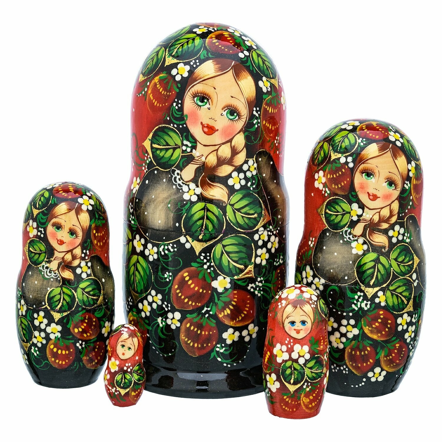 201498 Матрешка "клубника" красн платок ,5 мест,18 см