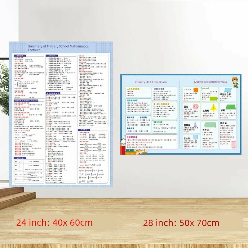Полный плакат по математике для школьников 3-6 классов: преобразование единиц и геометрия, 71 см
