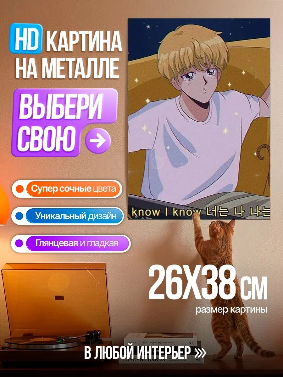 Картина на HD металле Аниме парень с котом