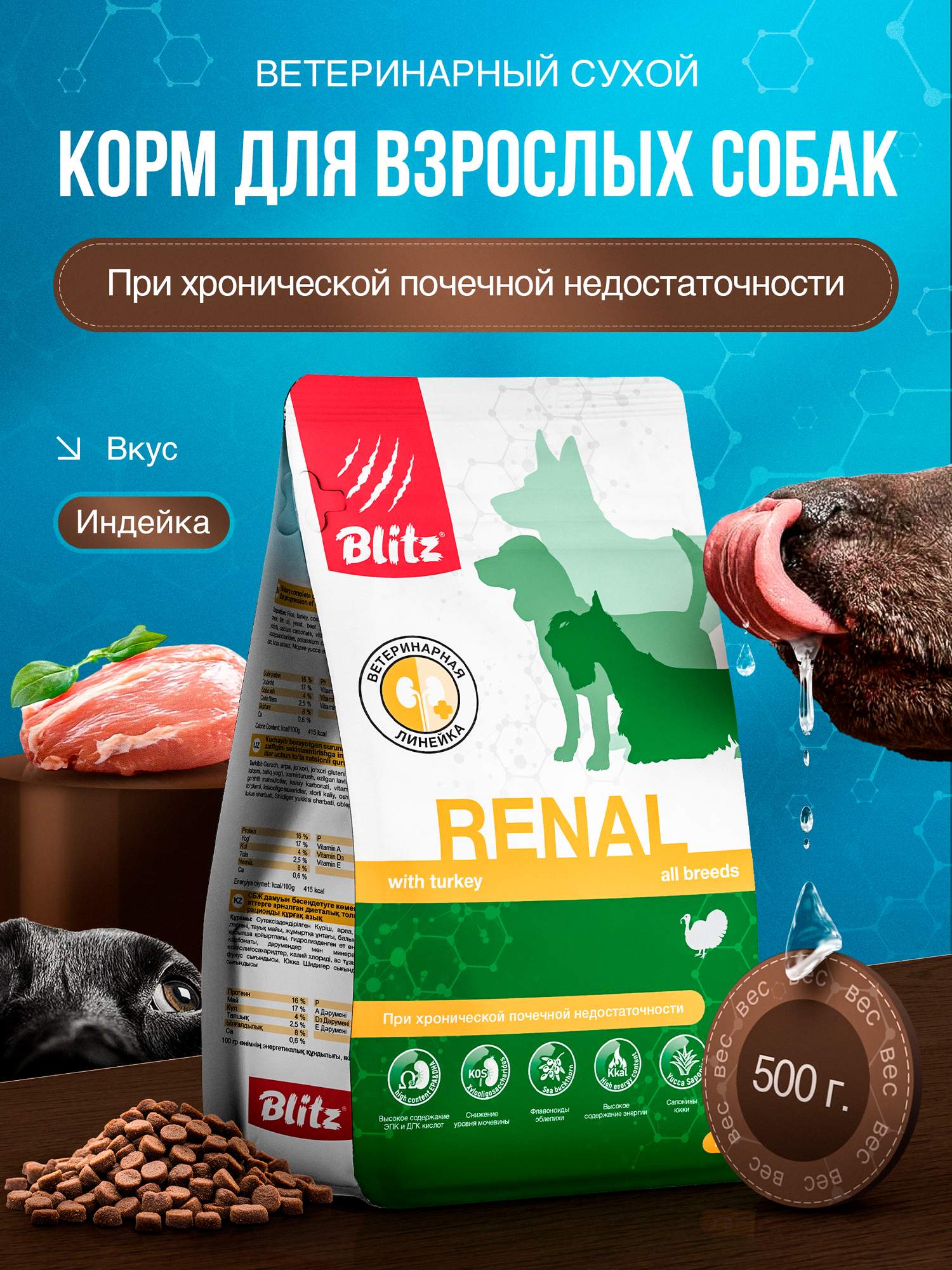 Сухой корм Blitz Renal Dog, для собак, при почечной недостаточности, со вкусом индейки, 0.5 кг