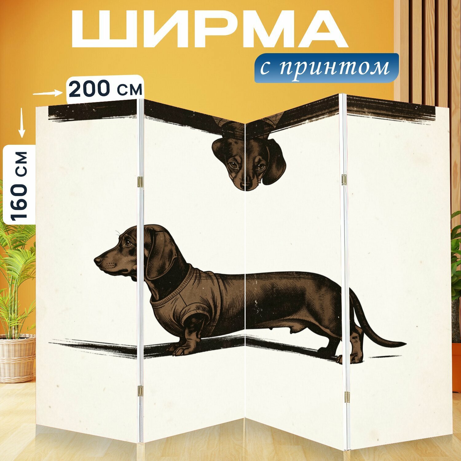 Ширма "Такса в винтажном стиле. Две длинноухие собаки породы такса в ретро-иллюстрации, одна фигура в профиль." перегородка для зонирования комнаты с принтом 200x160 см. на холсте