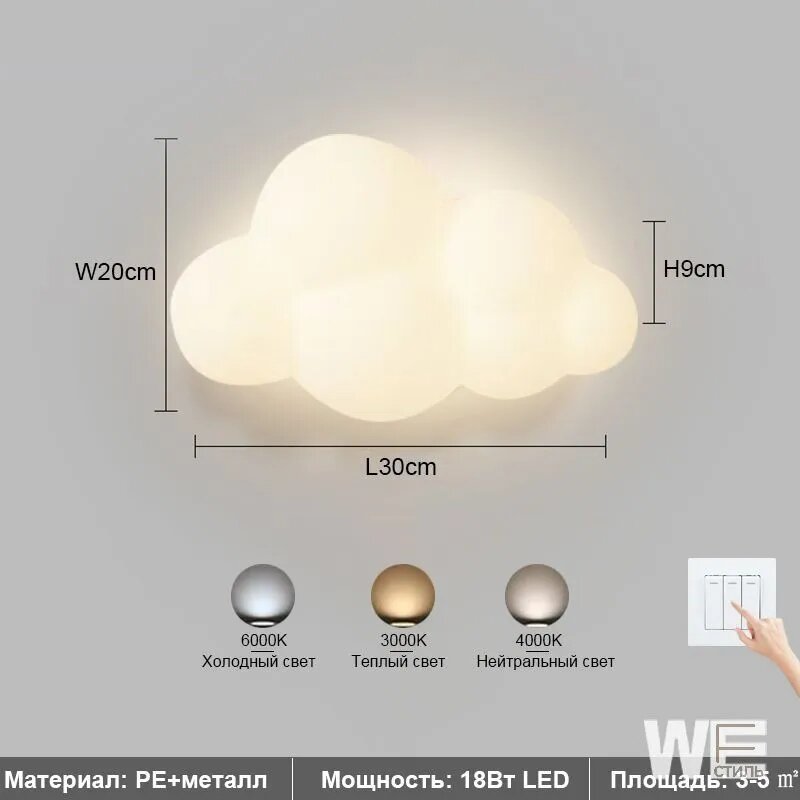 Настенный светильник Cloud LED для детской комнаты облако 3000K, Белый, 1 шт.