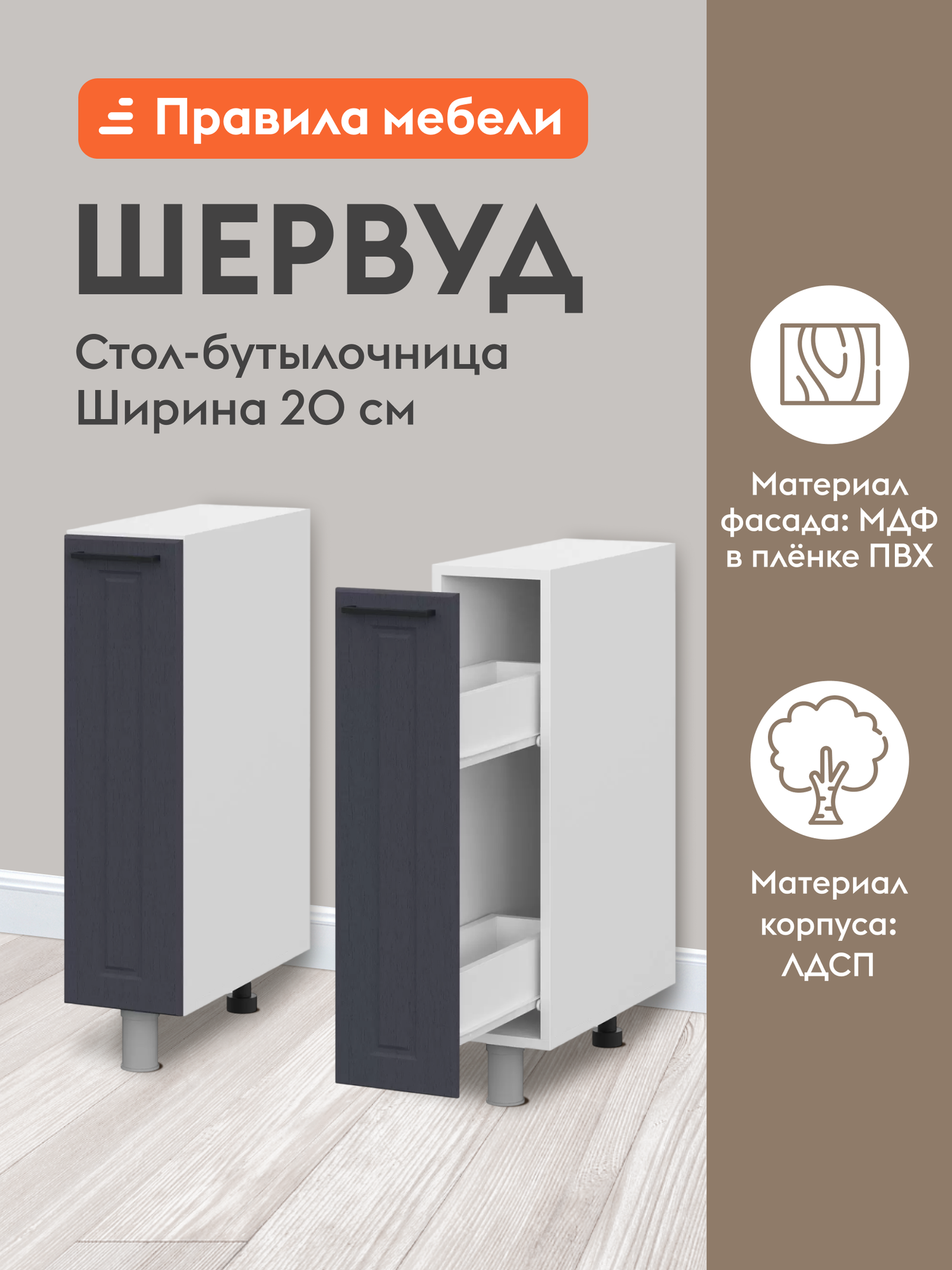 Кухонный модуль напольный, бутылочница Шервуд с ящиками, 20х50.6х82.4 см, Белый / Шато индиго