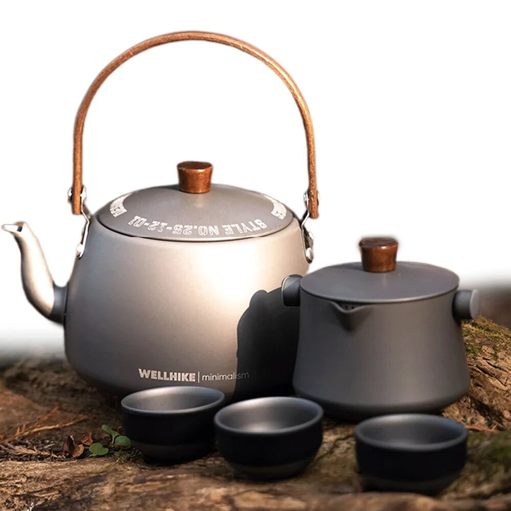 Алюминиевый туристический чайник WELLHIKE объёмом 1,1 л с деревянной ручкой