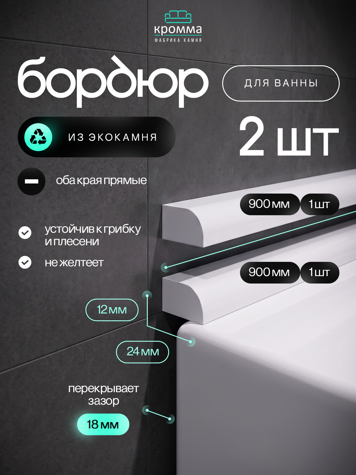 Акриловый бордюр плинтус для ванны 24/900 мм. белый цвет, глянцевая поверхность - 2 штуки в наборе