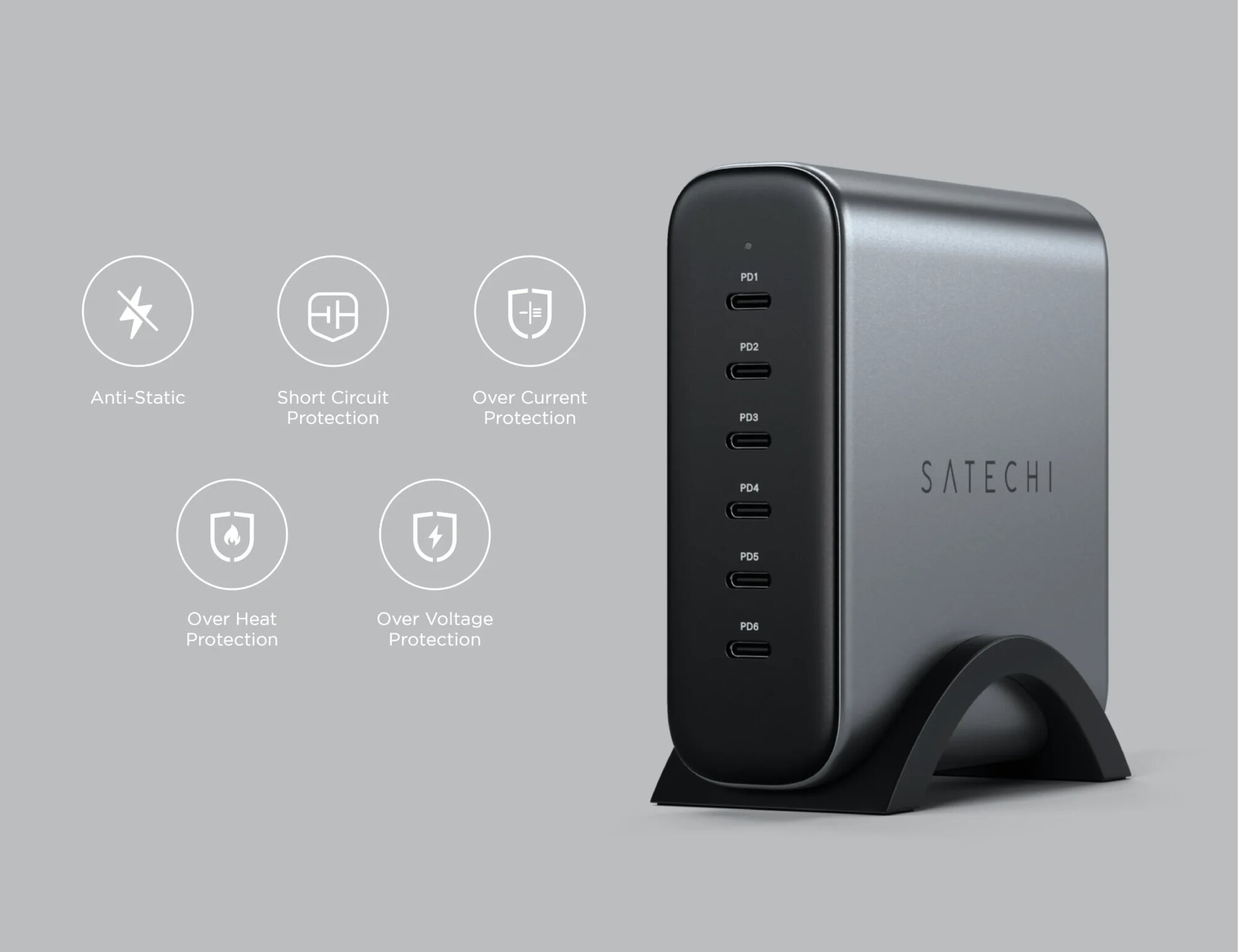 Сетевое зарядное устройство Satechi 200W USB-C 6-Port GaN Charger, 6xUSB Type-C (PD), до 200Вт, Серый ST-C200GM-EU