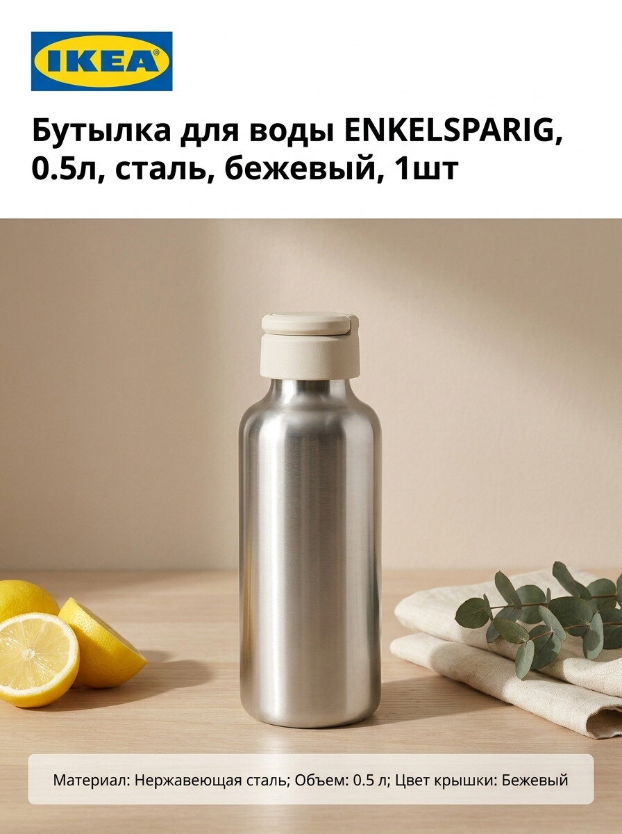 Бутылка для воды ENKELSPARIG, 0.5л, сталь, бежевый, 1шт