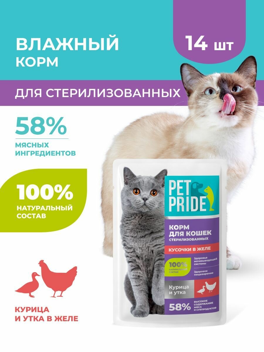 Влажный корм PET PRIDE для взрослых стерилизованных кошек, с курицей и уткой, кусочки в желе, 14 шт х 75 г