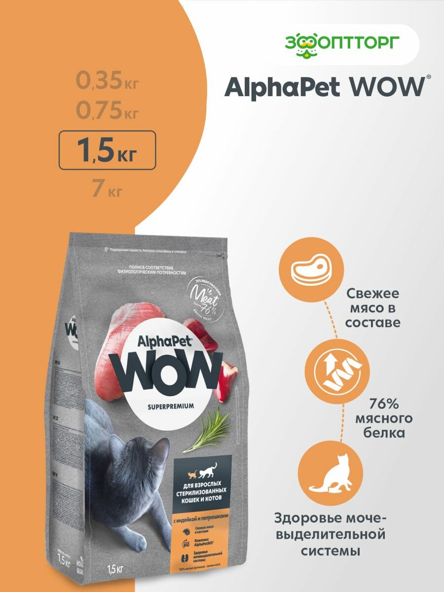 Сухой корм AlphaPet WOW Superpremium для взрослых стерилизованных кошек и котов с индейкой и потрошками, 1,5 кг стерилизованные кошки индейка потрошки 1,5 кг