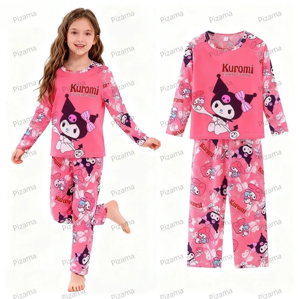 MINISO Комплект детской пижамы Sanrio для девочек, мягкая пижама с длинными рукавами Hello Kitty, детская пижама Cinnamon Dog, домашняя одежда Kuromi для малышей, Детский размер: 12 (115-125 см)