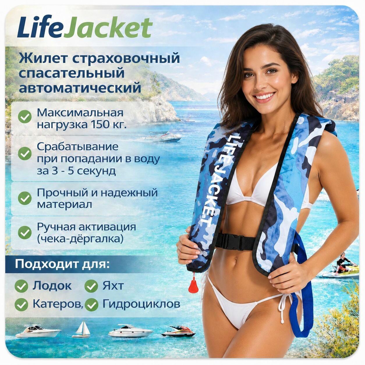 Жилет спасательный (страховочный) автоматический LifeJacket синий камуфляж