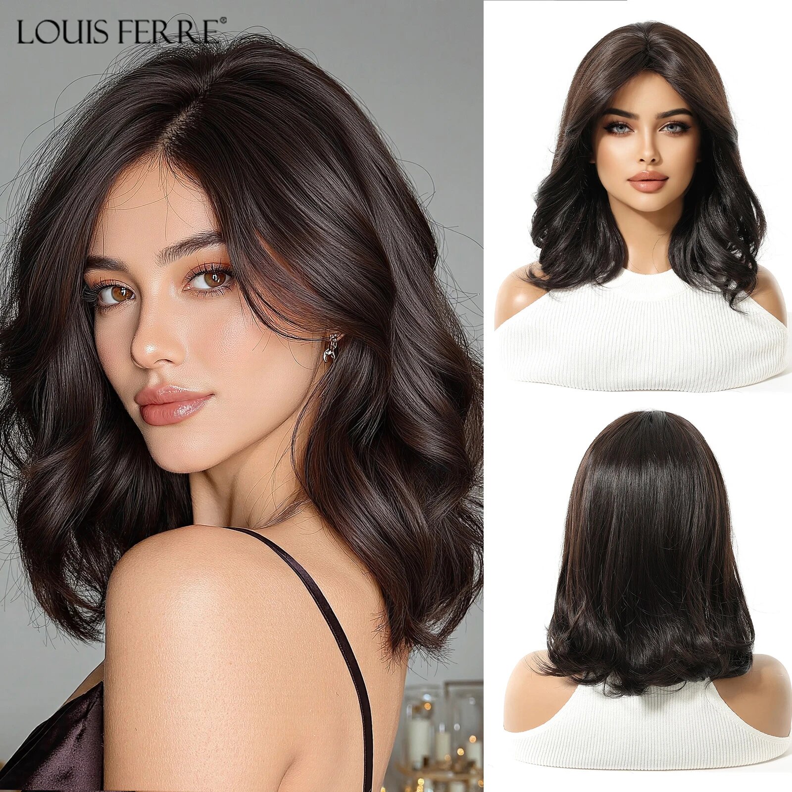 LOUIS FERRE Синтетический коричневый короткий волнистый парик SWLC1284-1BR14
