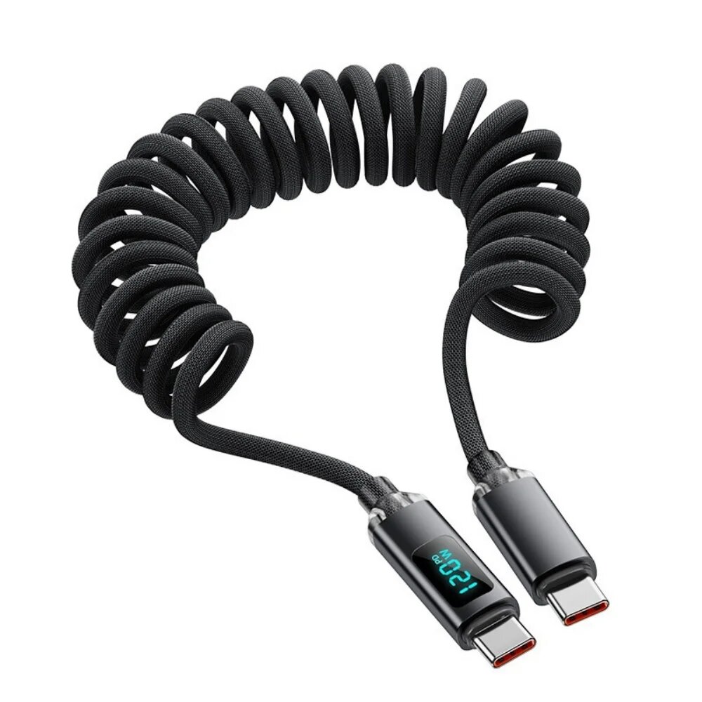 Кабель USB-C - Type-C 120 Вт С Цифровым Дисплеем, Быстрой Зарядкой И Выдвижной Пружинной Конструкцией Для iPhone, Samsung, Hu.