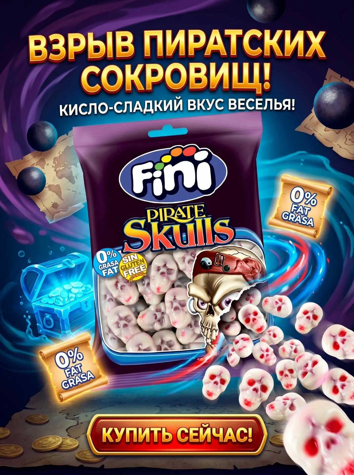 Жевательный мармелад Fini (Фини) Pirate Skulls Пираты 90 гр. 1 упаковка