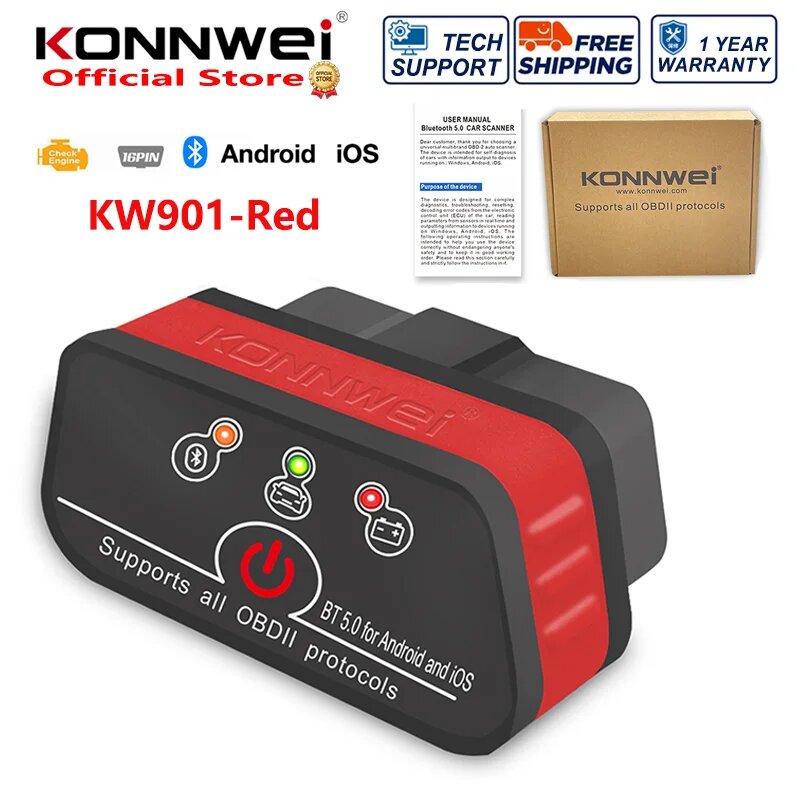 2026 KONNWEI KW901 ELM 327 OBD2 V1.5 Bluetooth 5.0 Автомобильный диагностический сканер OBD2 для Android/iOS, считыватель кодов, аналог Vgate ICAR2