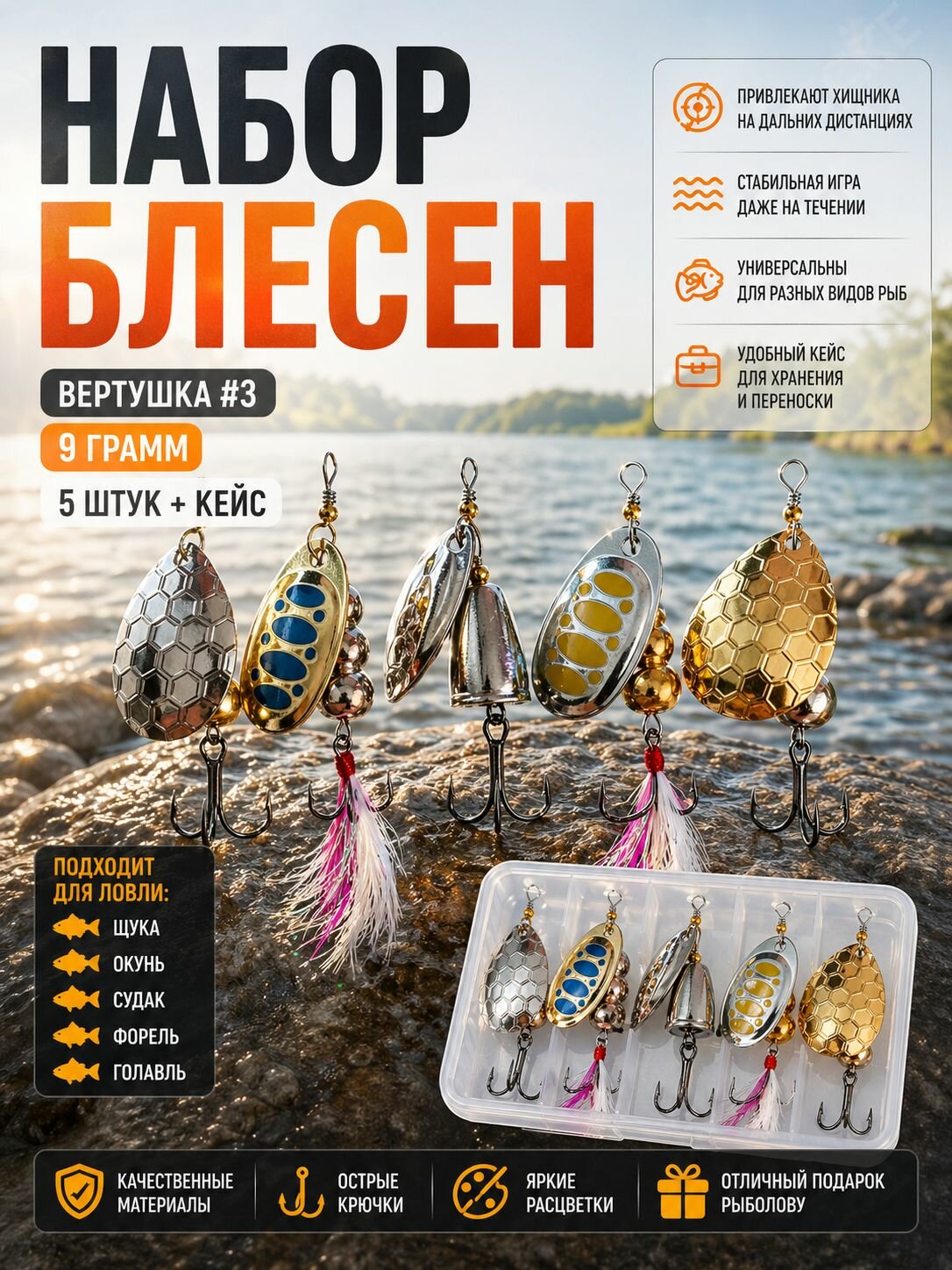 Набор блесна вертушка #3 , 9 грамм 5 штук + кейс для рыбалки, на щуку , окуня, судака , форель , голавля