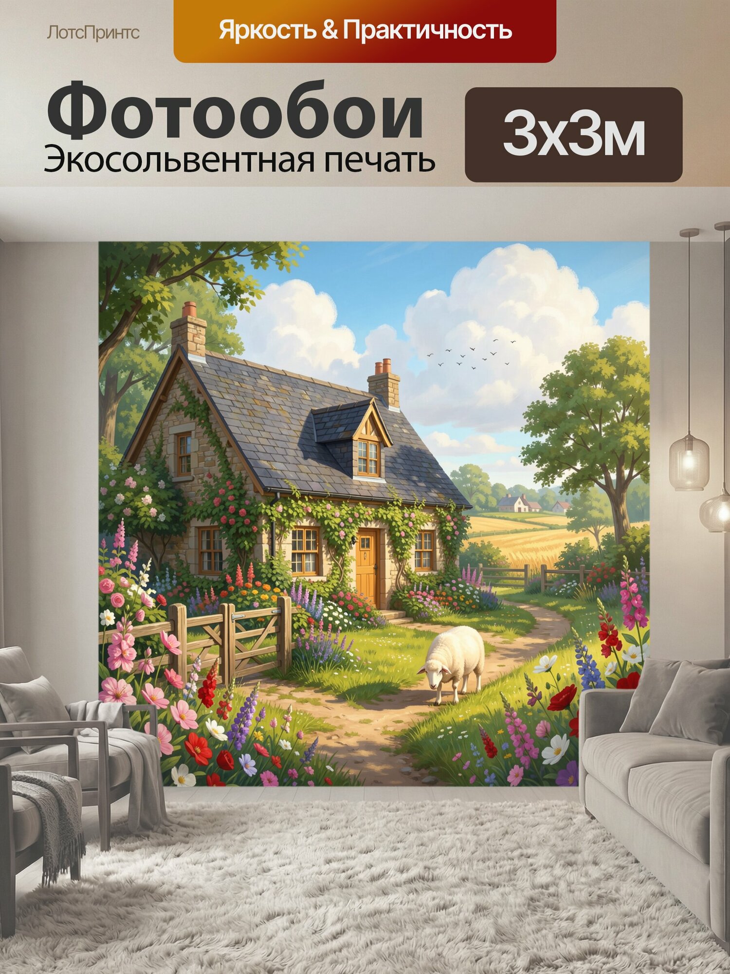 Фотообои "Сельский дом в цветущем саду. Уютное деревенское жилище среди пышных цветов, зеленой лужайки и извилистой тропинки. Живописный." 300x300 см. экосольвентная печать