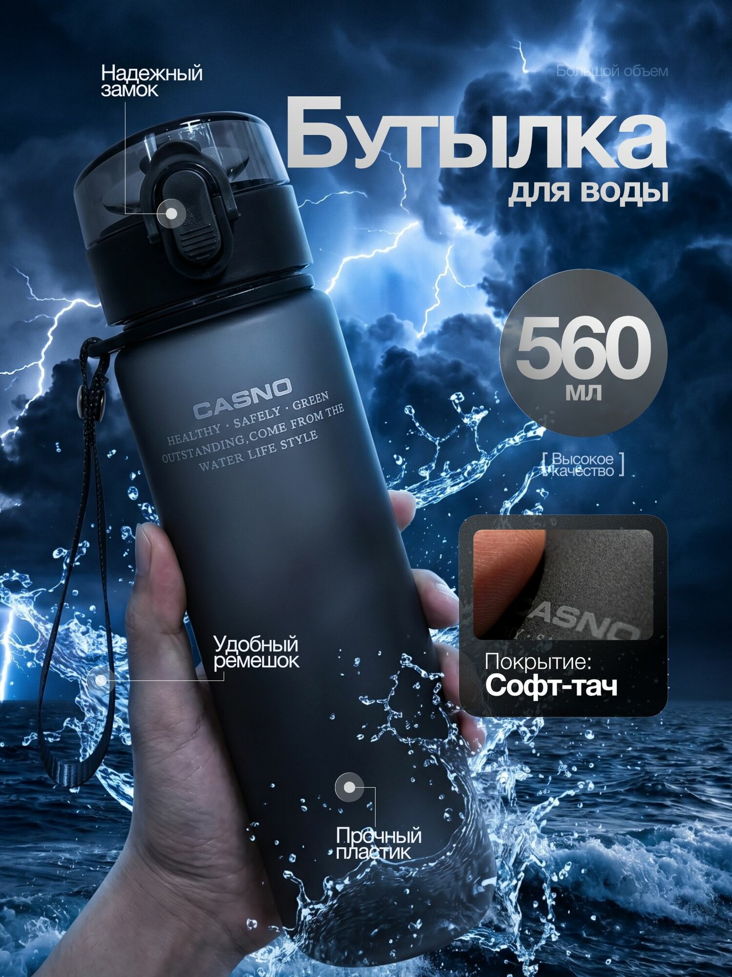 Бутылка для воды, чёрная спортивная 560 мл для тренировок для фитнеса для бега