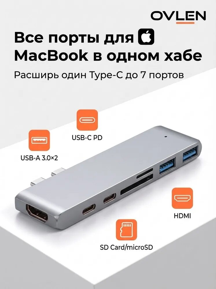 USB хаб 3.0/ USB разветвитель на 7 портов/ USB концентратор/ USB 3.0 Hub: USB, Type-C, HDMI, SD. Разветвитель, картридер для macbook.