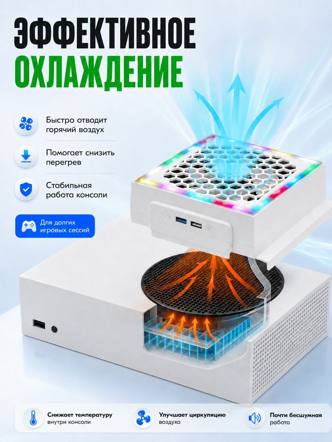 Охлаждающий вентилятор для Xbox Series S с RGB LED дисплеем, низкий уровень шума, 2 дополнительных USB порта, 3 регулируемые скорости, только для Xbox Series S