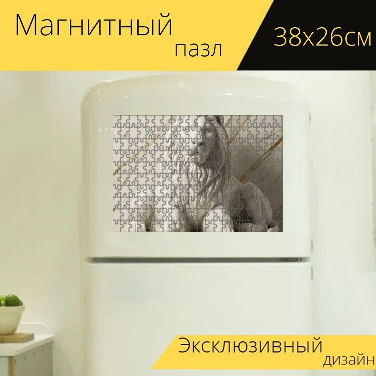 Магнитный пазл "Белый лев в интерьере. Элегантная каменная фигура царственного зверя с детальной гривой на светлом фоне с золотыми прожилками, роскошный." для интерьера, 38х26 см.