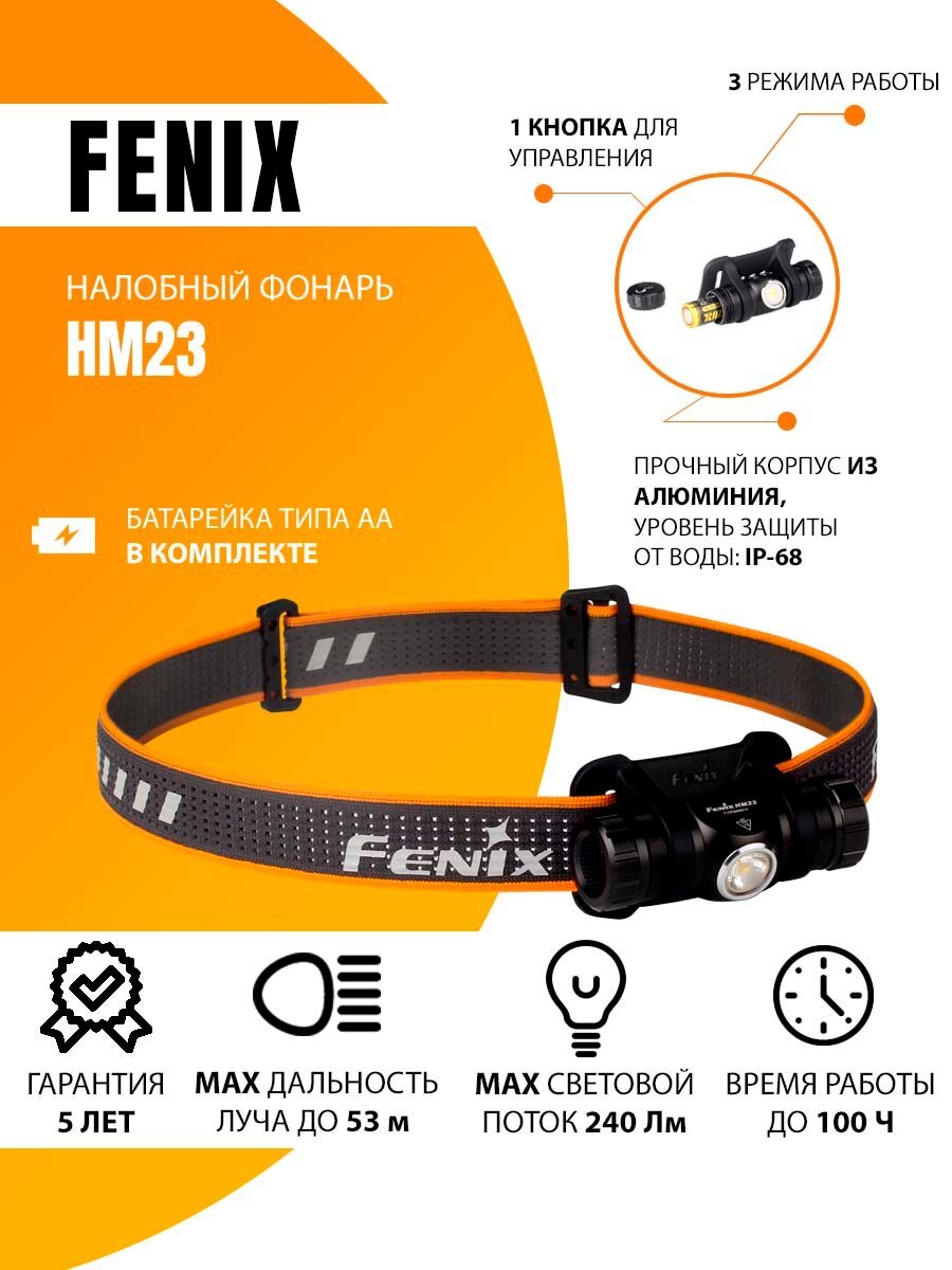 Фонарь налобный Fenix HM23 аккумуляторный 240 лм светодиодный