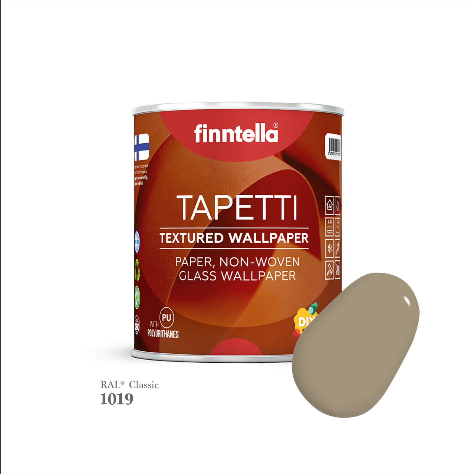Шелковисто-матовая краска для обоев под окраску TAPETTI SILKKI Matta FINNTELLA, Цвет RAL 1019 Серо-бежевый (Grey beige), 0,9л